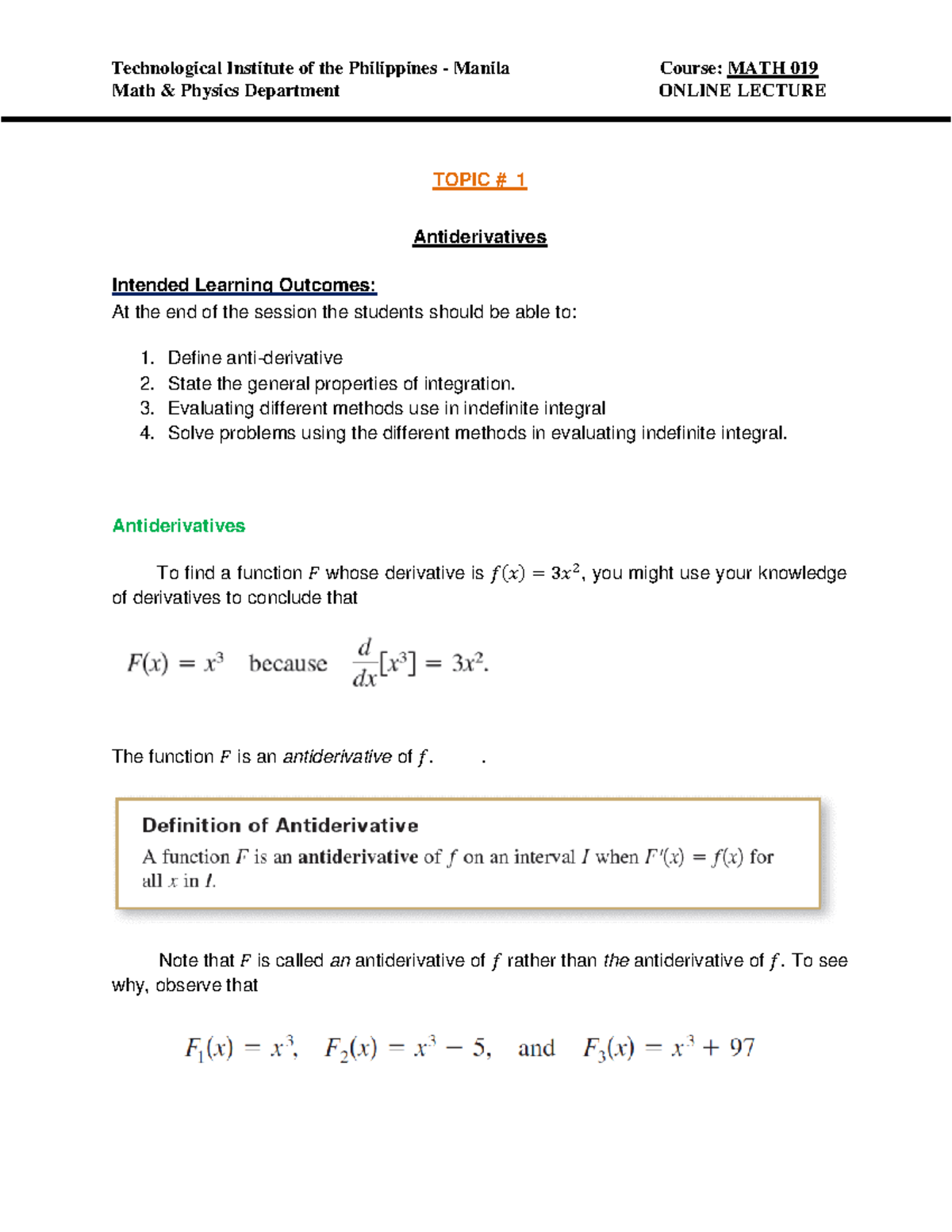 Anti-derivatives - Notes - Math & Physics Department ONLINE LECTURE ...