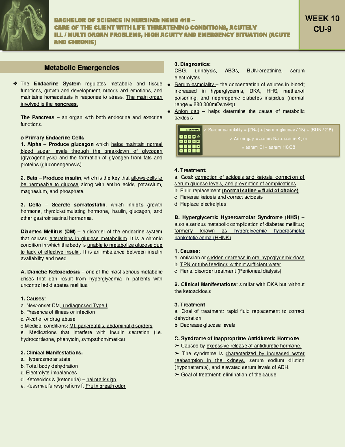 Metabolic Emergencies - BACHELOR OF SCIENCE IN NURSING: NCMB 418 – CARE ...