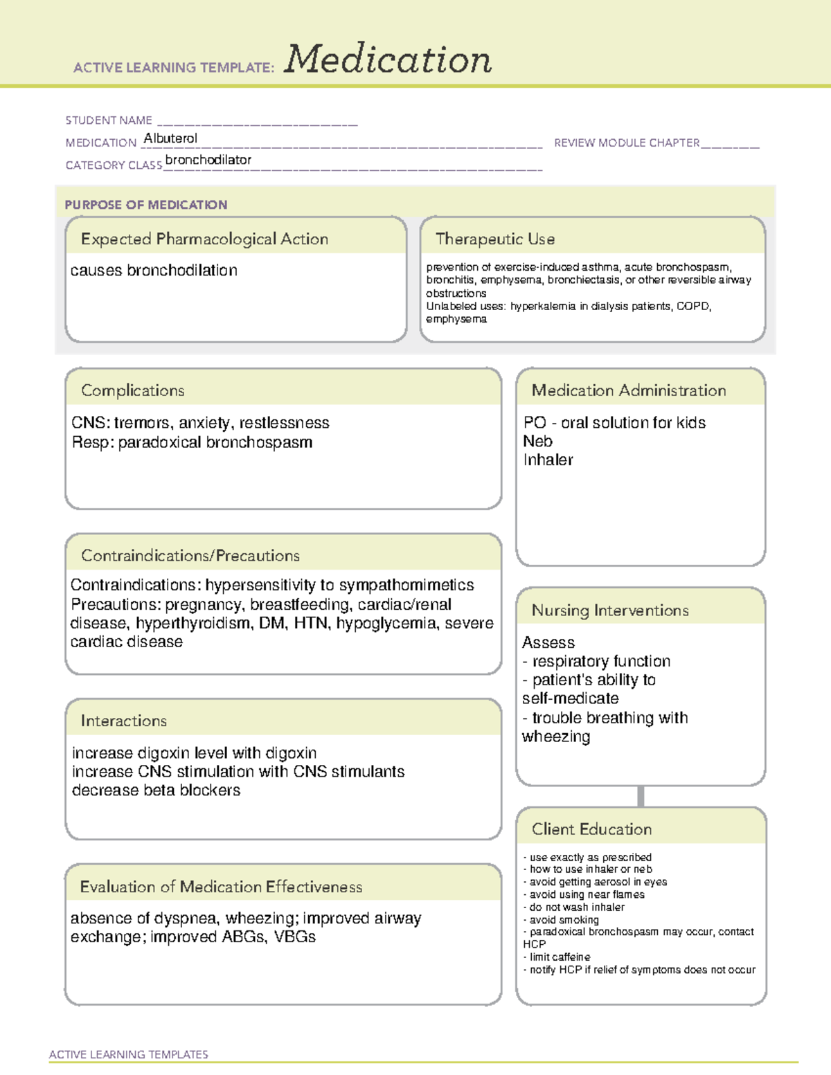 Albuterol - Medication Template - ACTIVE LEARNING TEMPLATES Medication ...
