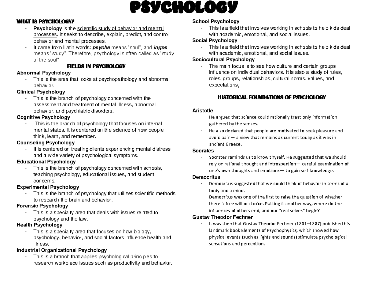 Summarized Psych infos - WHAT IS PSYCHOLOGY? Psychology is the ...