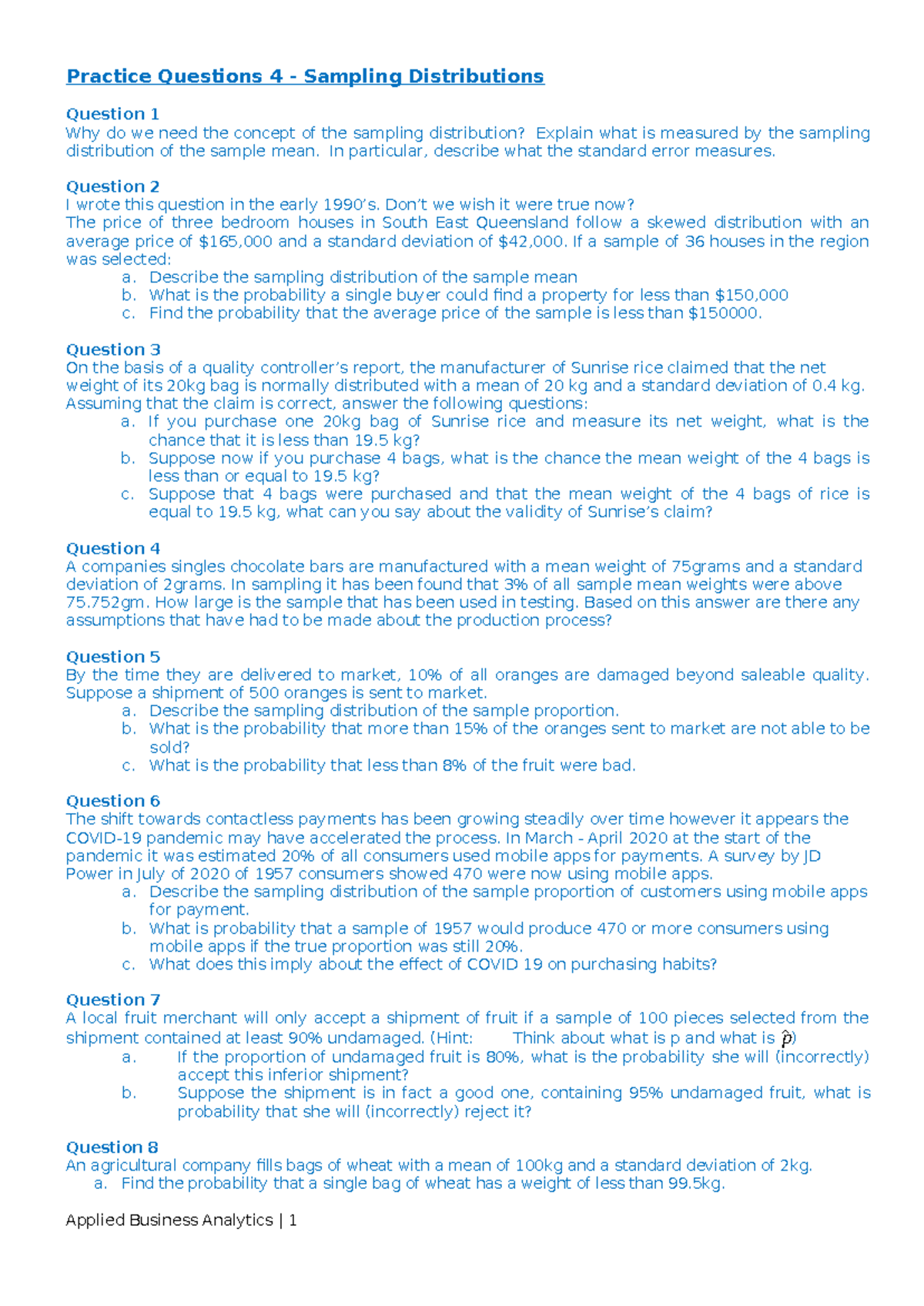 Sampling Distributions - Practice Exercises - Practice Questions 4 - Sampling Distributions ...