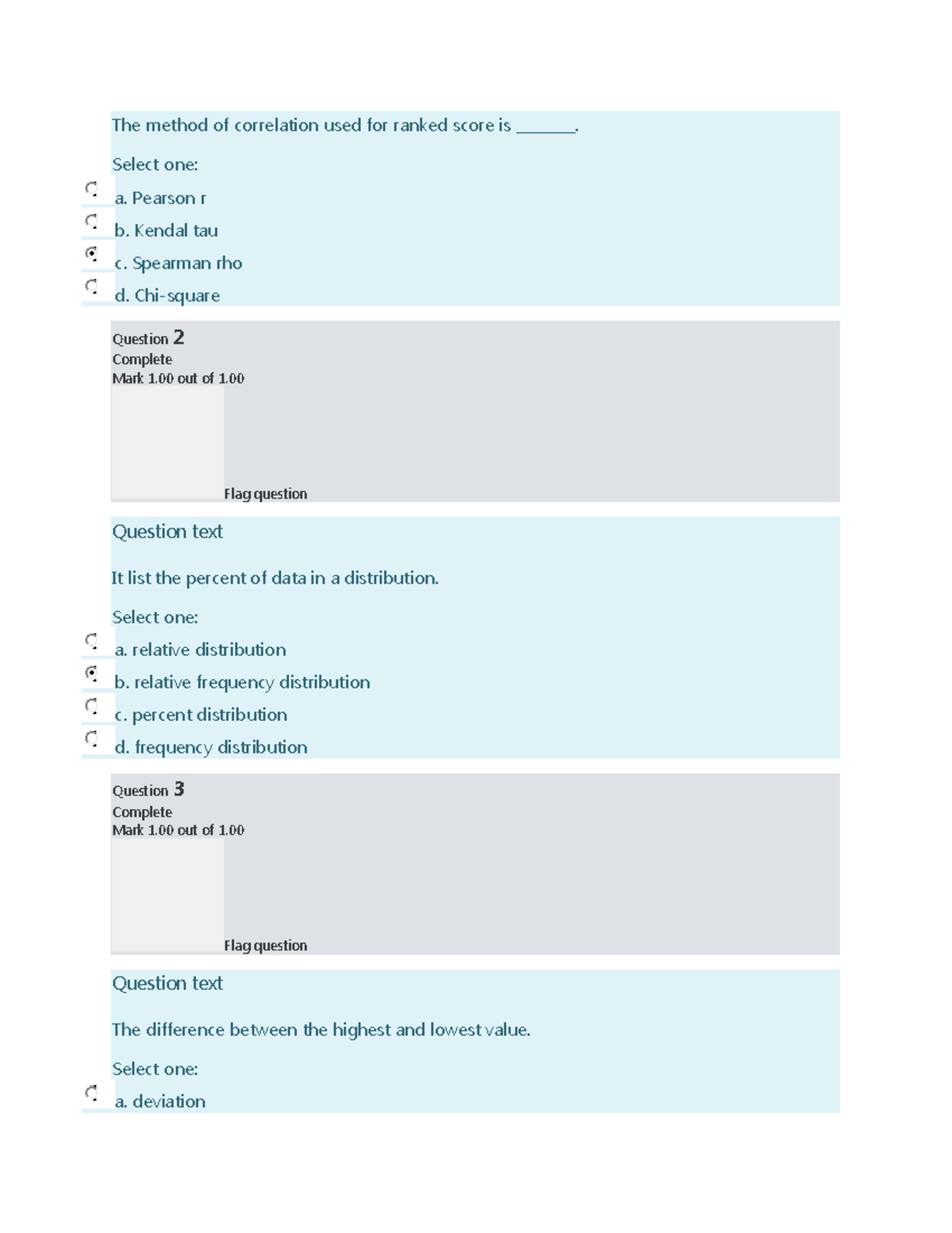 Data Analysis Midterm 5 - The method of correlation used for ranked score is ________. Select ...
