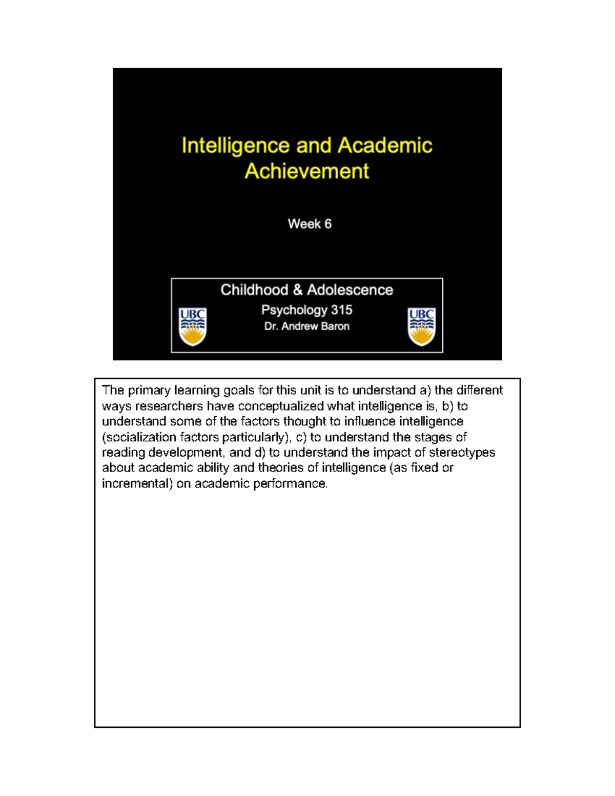 Intelligence and Academic Achievement - The primary learning goals for ...