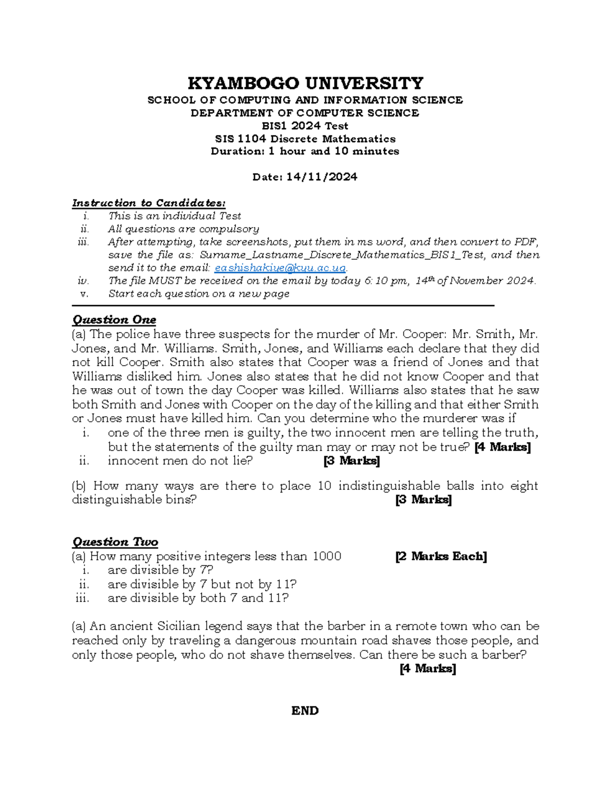 BIS1 2024 Discrete Math Test - KYAMBOGO UNIVERSITY SCHOOL OF COMPUTING ...