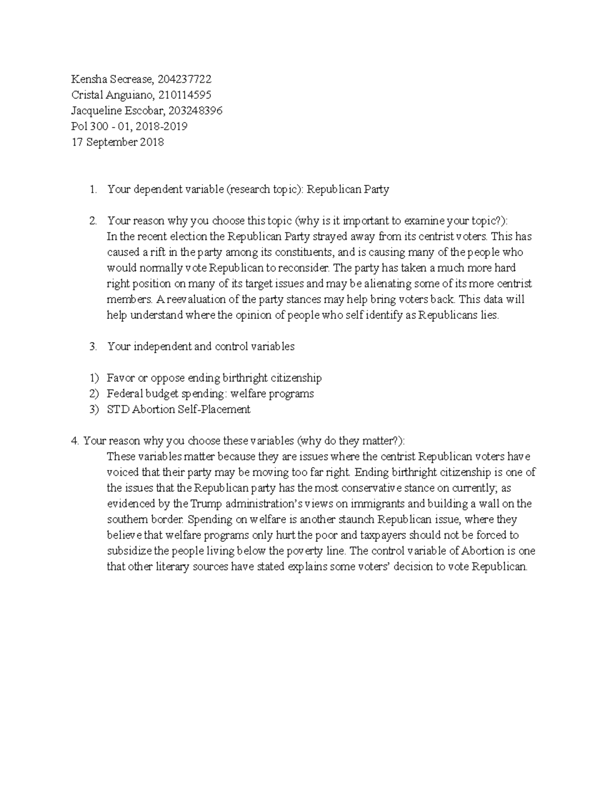 Pol 300 Research Question Part 1 - Kensha Secrease, 204237722 Cristal Anguiano, 210114595 ...