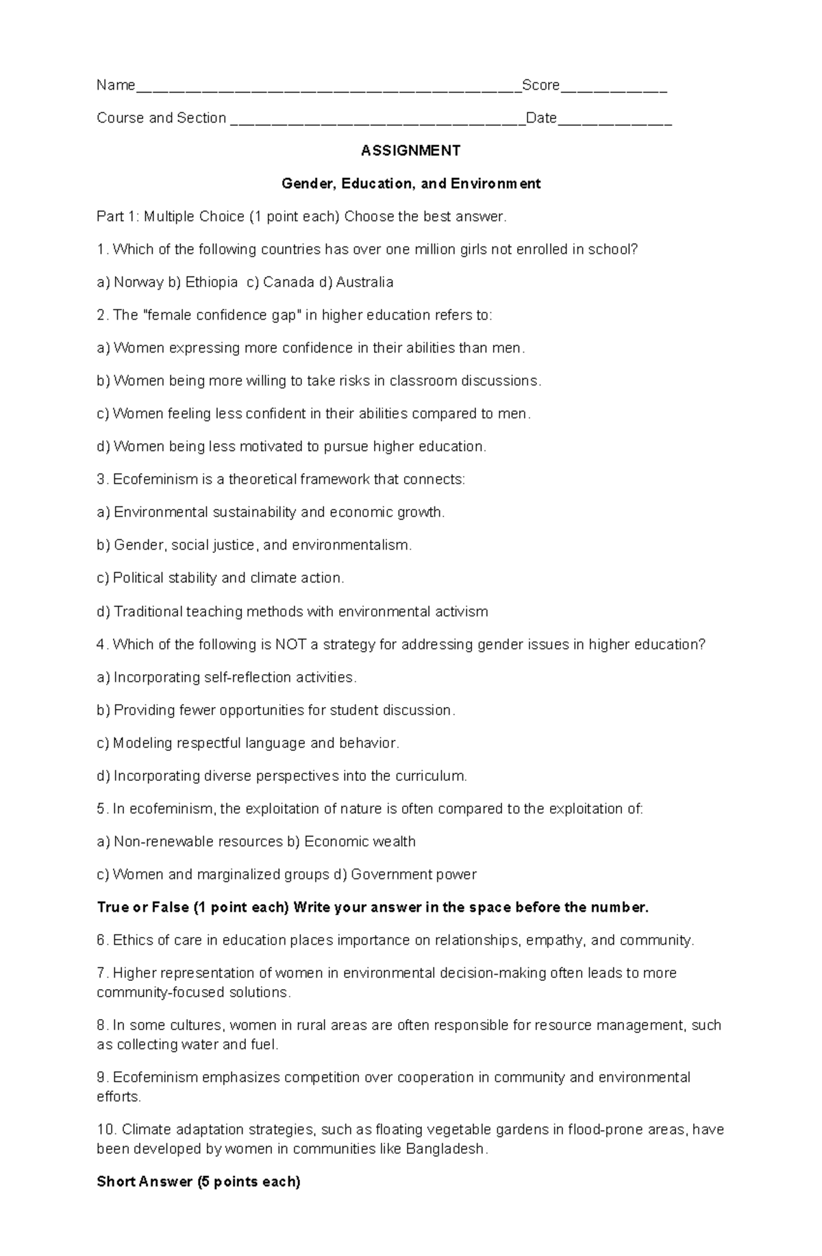 Assignment ON Gender, Education AND Environment - - Studocu
