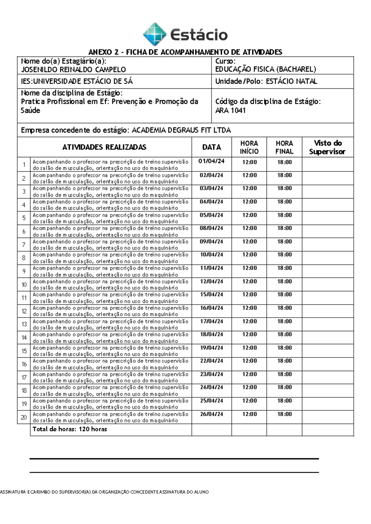Modelo de Fichas de Acompanhamento - ASSINATURA E CARIMBO DO SUPERVISOR ...