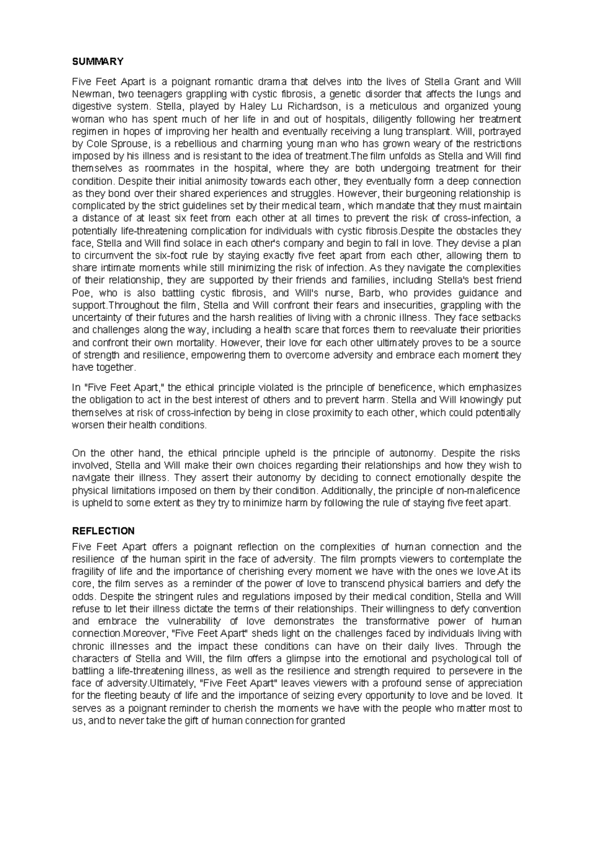 Document-36 - Summary bioethics - SUMMARY Five Feet Apart is a poignant ...