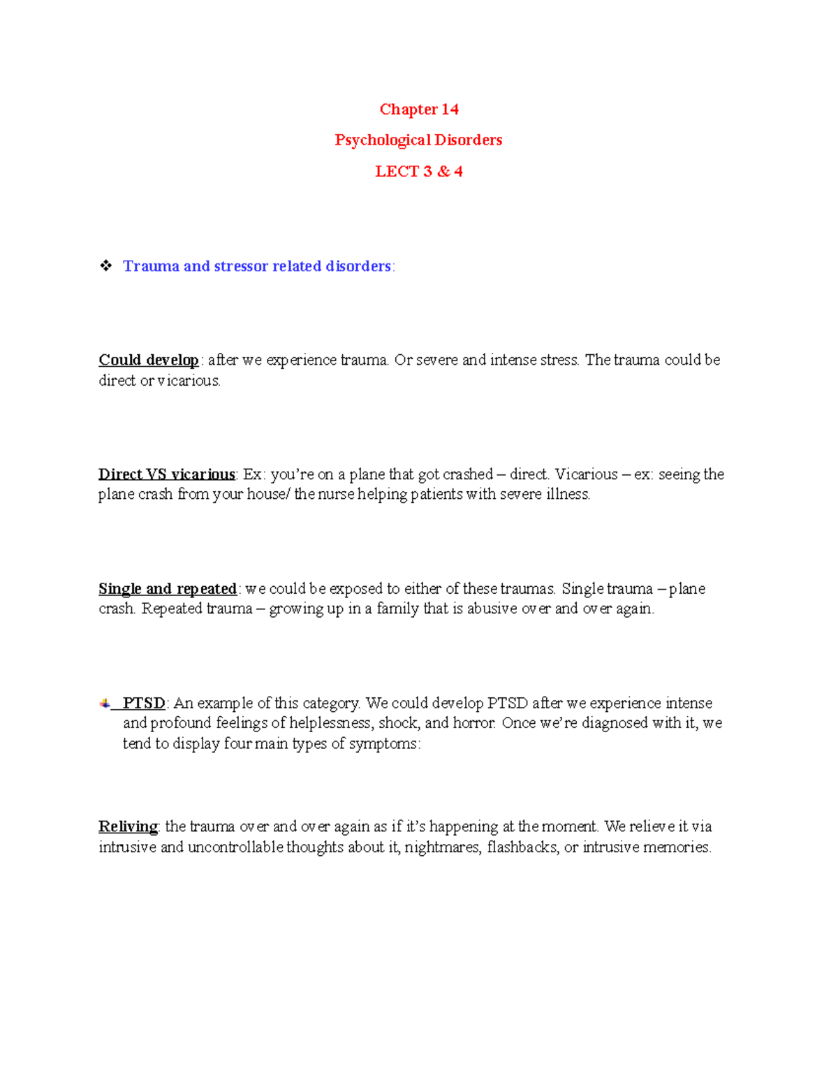 Chapter 14 Lecture 3 and 4 - Chapter 14 Psychological Disorders LECT 3 & 4 Trauma and stressor ...