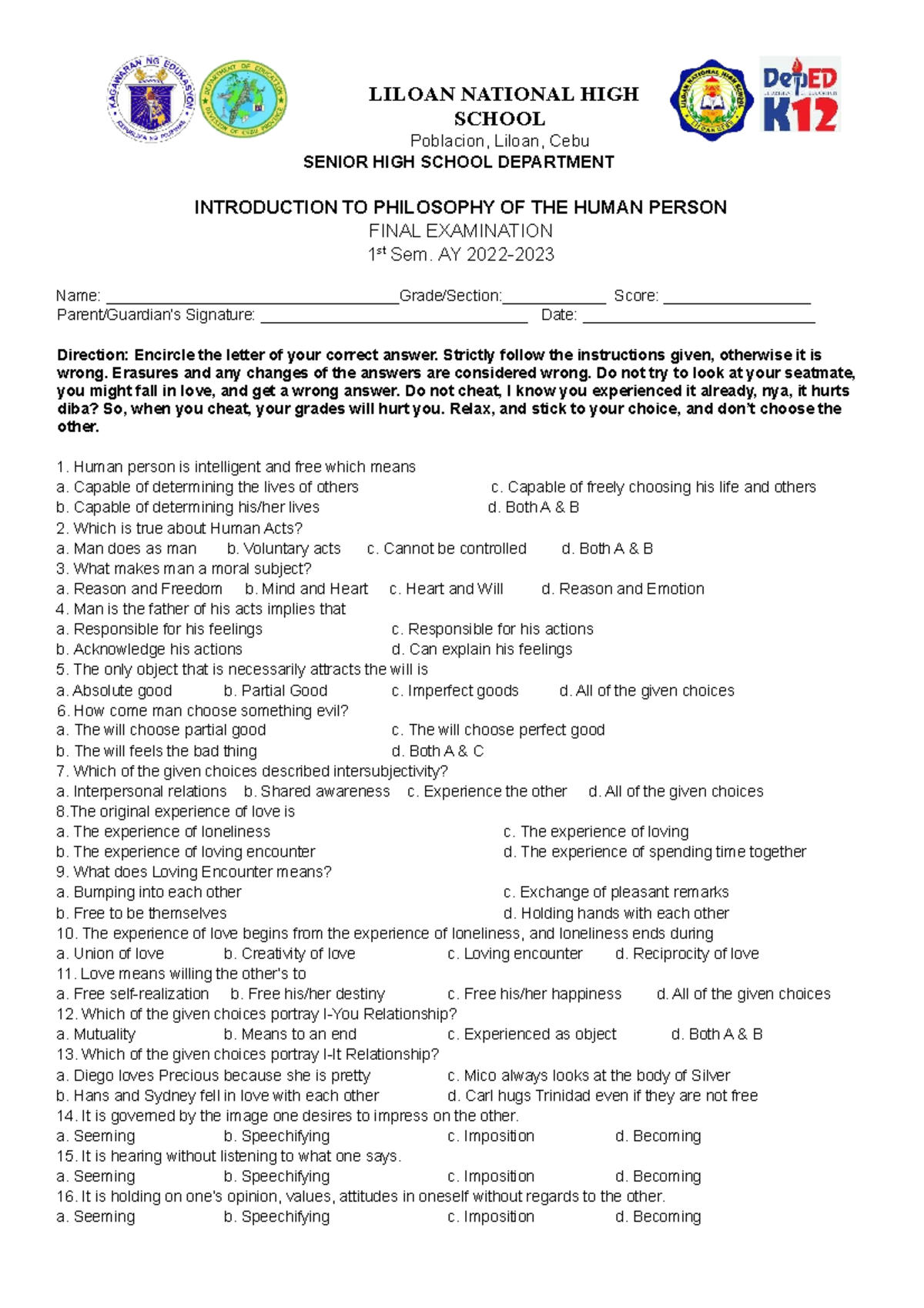 Final Exam 2022-2023 - about philosophy - LILOAN NATIONAL HIGH SCHOOL ...