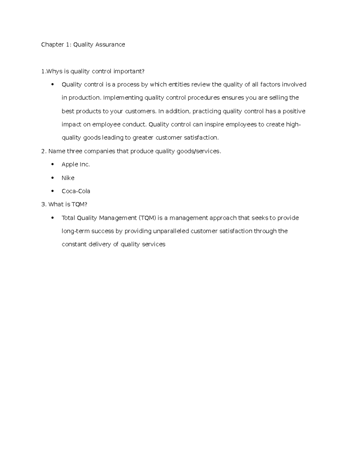 Chapter 1 TQM - TQM - Chapter 1: Quality Assurance 1 is quality control ...