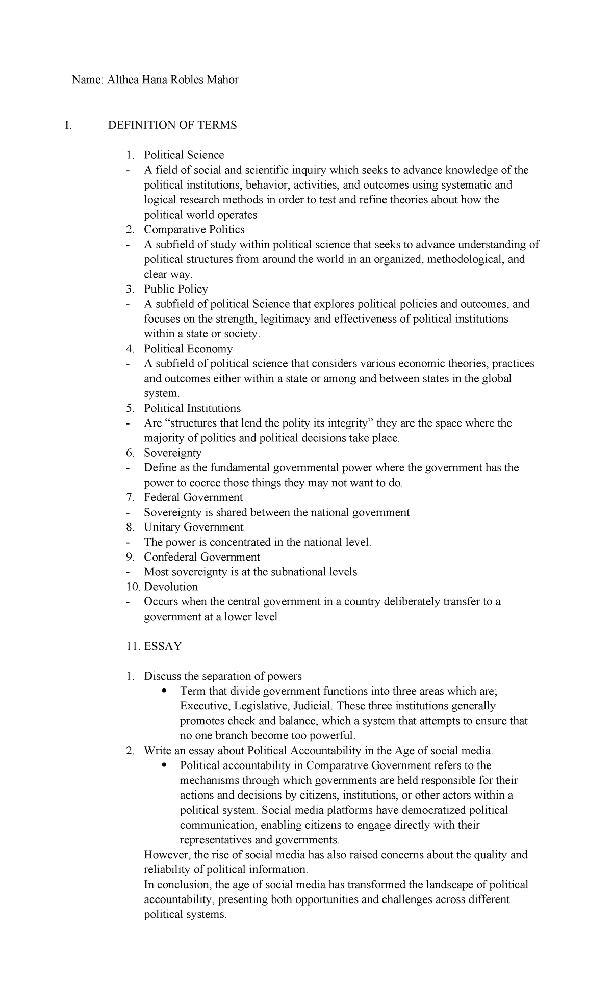 Intro to Comparative Government - Name: Althea Hana Robles Mahor I ...