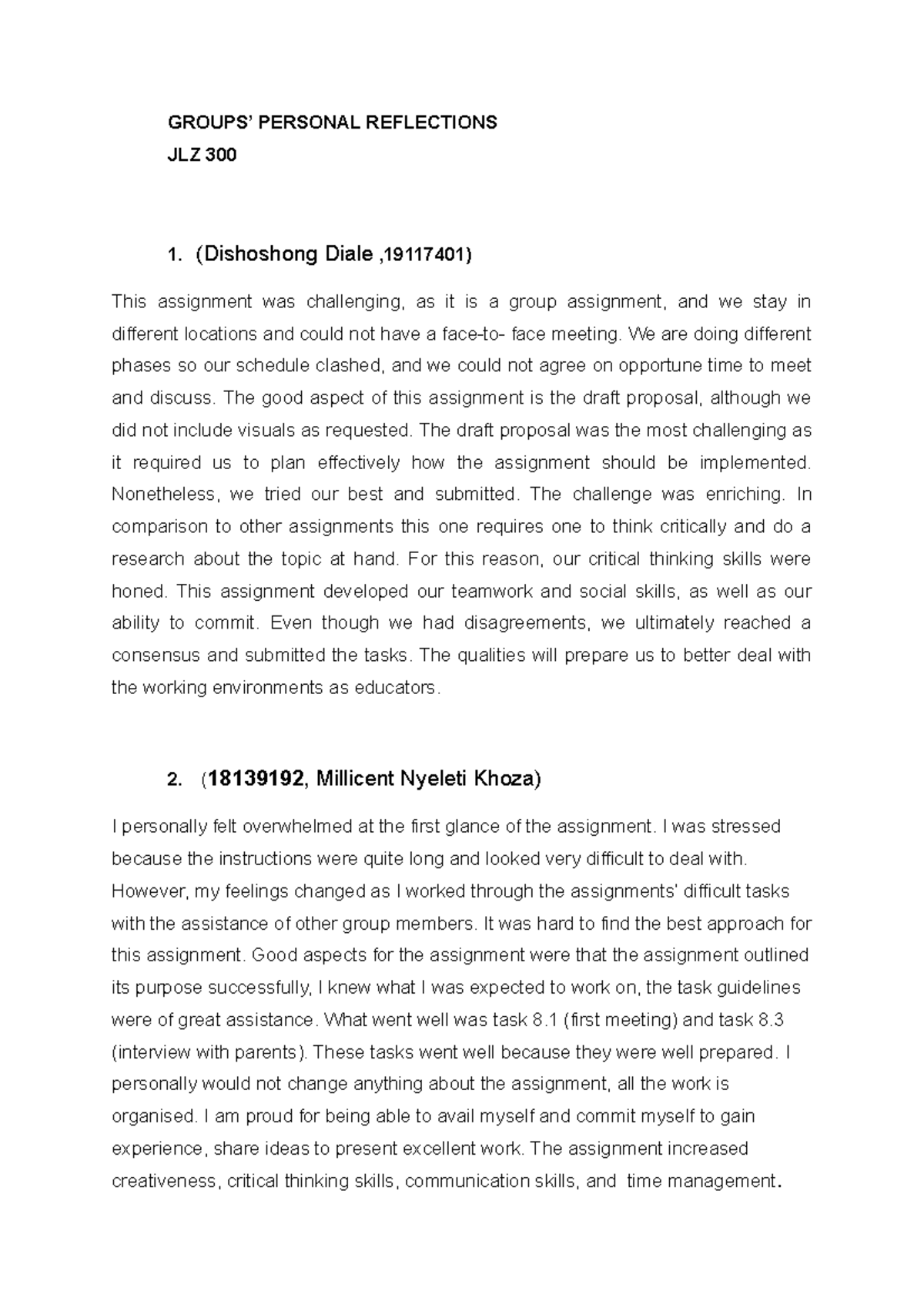 Personal reflection which helps - GROUPS’ PERSONAL REFLECTIONS JLZ 300 ...