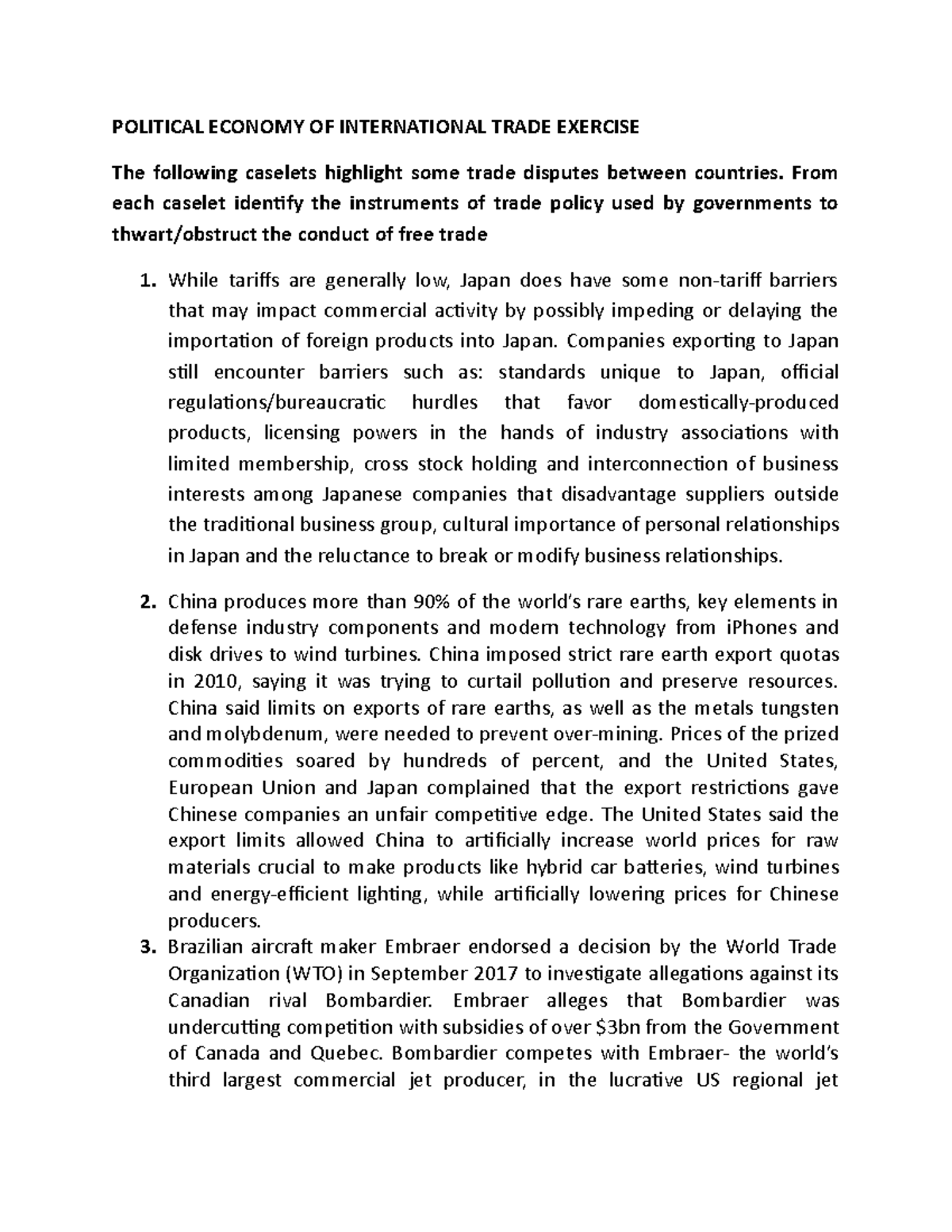 Trade Policy Instruments Exercises - POLITICAL ECONOMY OF INTERNATIONAL ...