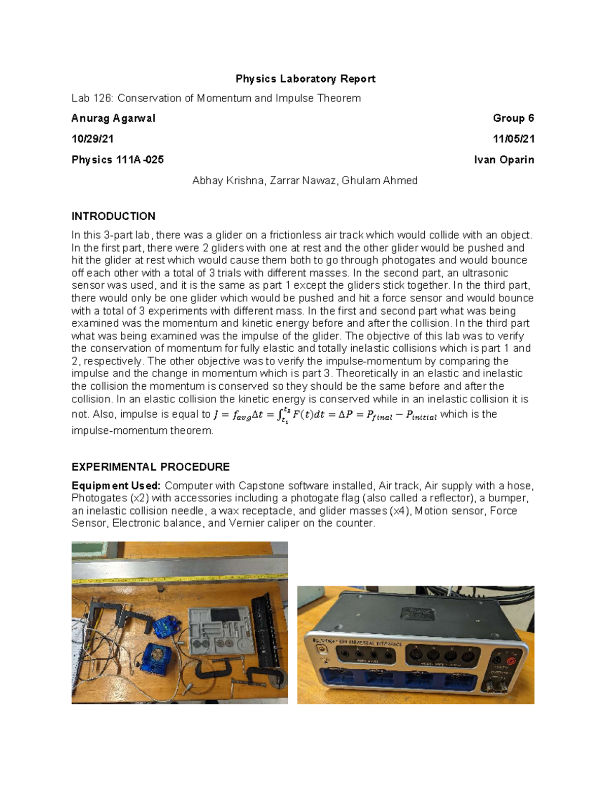 Lab08Final - Physics Lab - Physics Laboratory Report Lab 126 ...