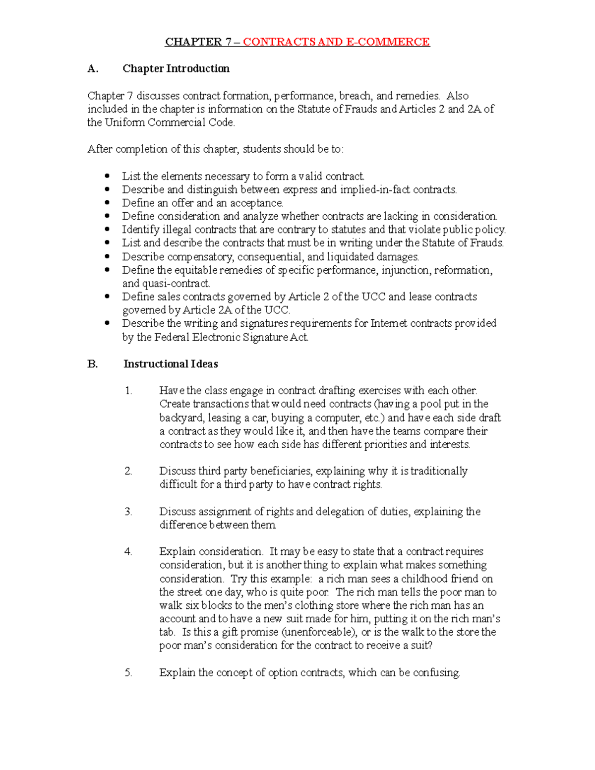 Ch07 Contracts and E-Commerce - CHAPTER 7 – CONTRACTS AND E-COMMERCE A. Chapter Introduction ...