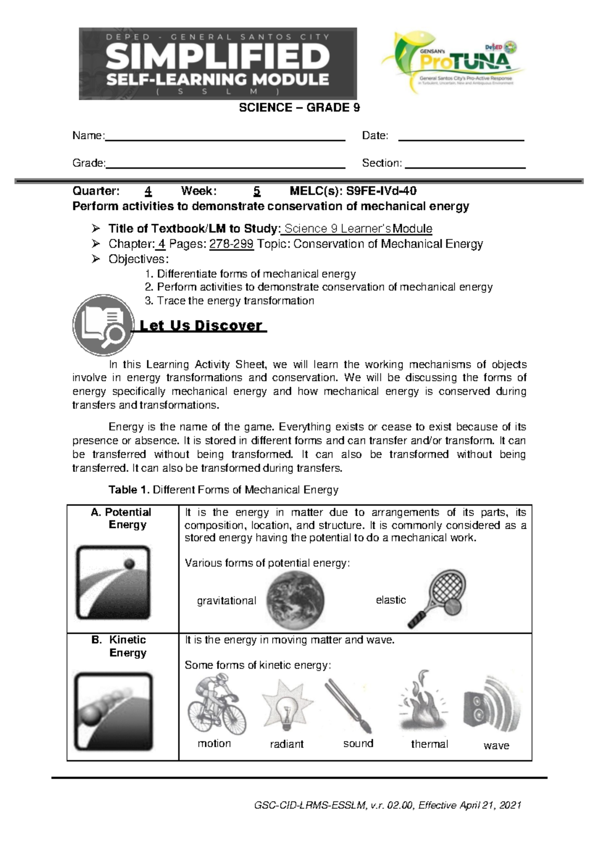 GR9 SSLM Q4 W5 Tadiaman-edited - SCIENCE – GRADE 9 Name: Date: Grade ...