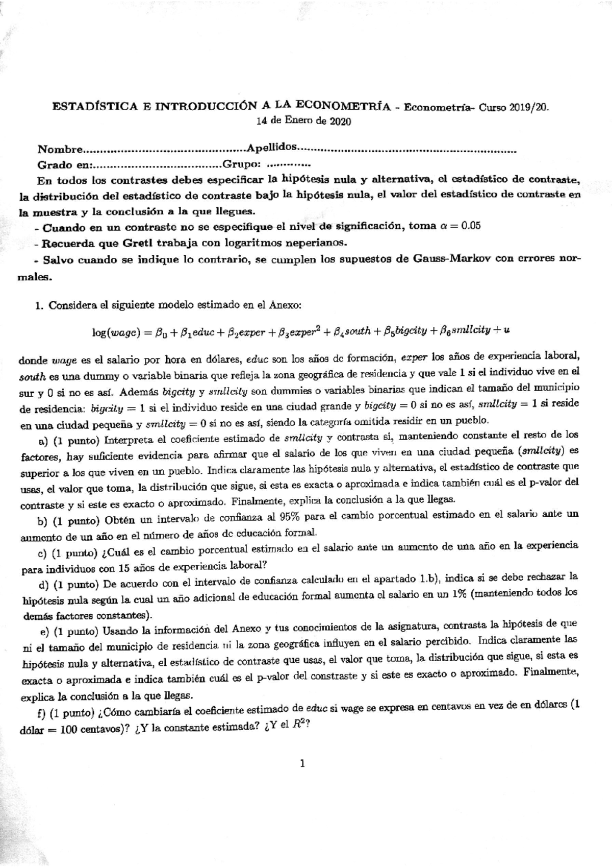 Examen enero 2020 - Introducción A La Estadística - Studocu