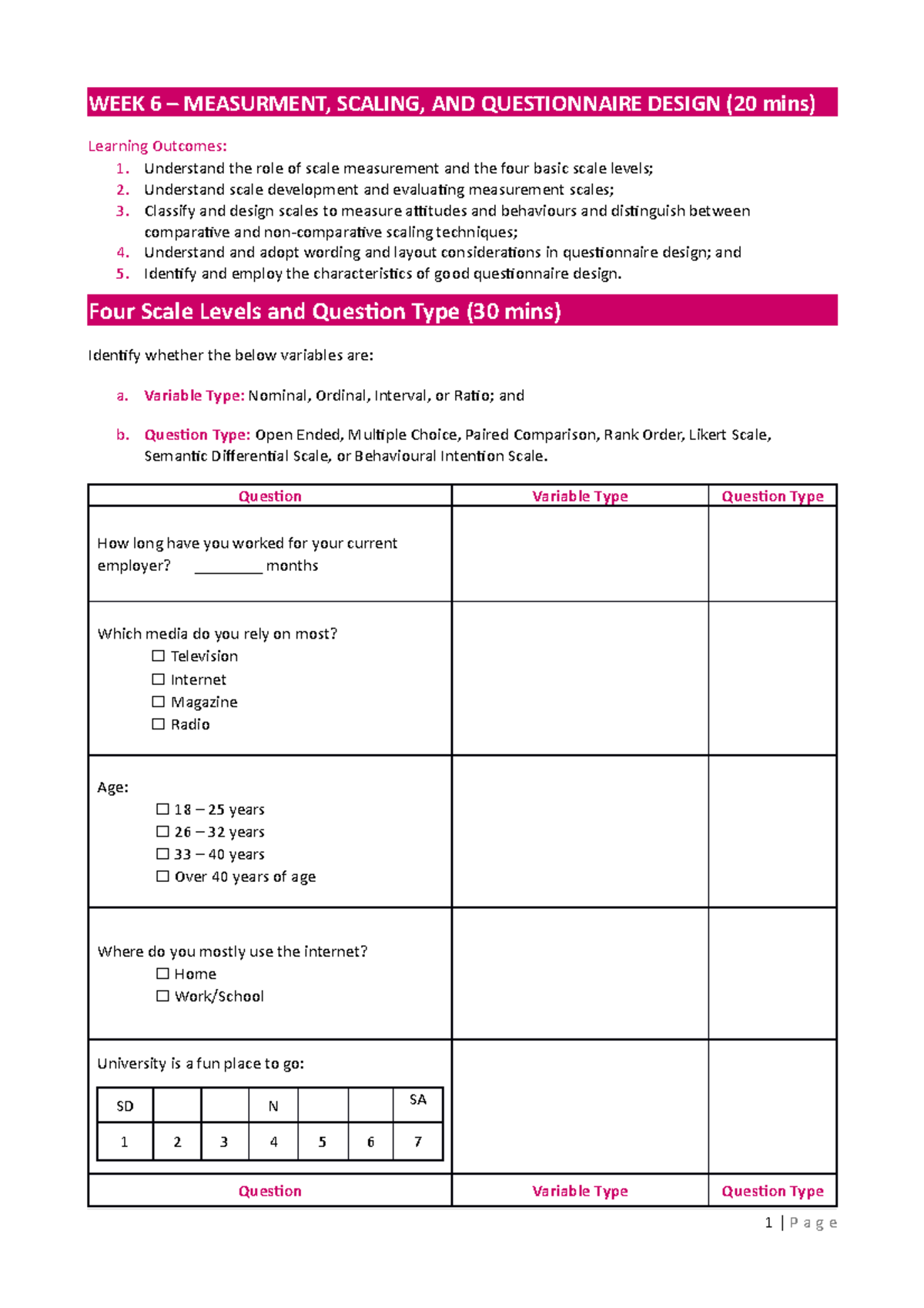 MKTG2010 Workshop 6 Measurement, Scaling, and Questionnaire Design ...