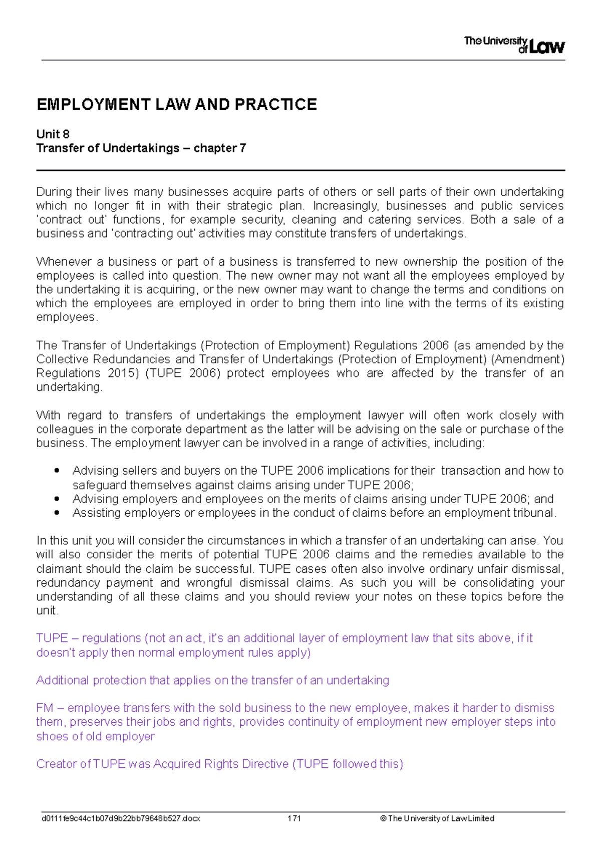 W8 - lecture notes for employment law ULAW - EMPLOYMENT LAW AND ...