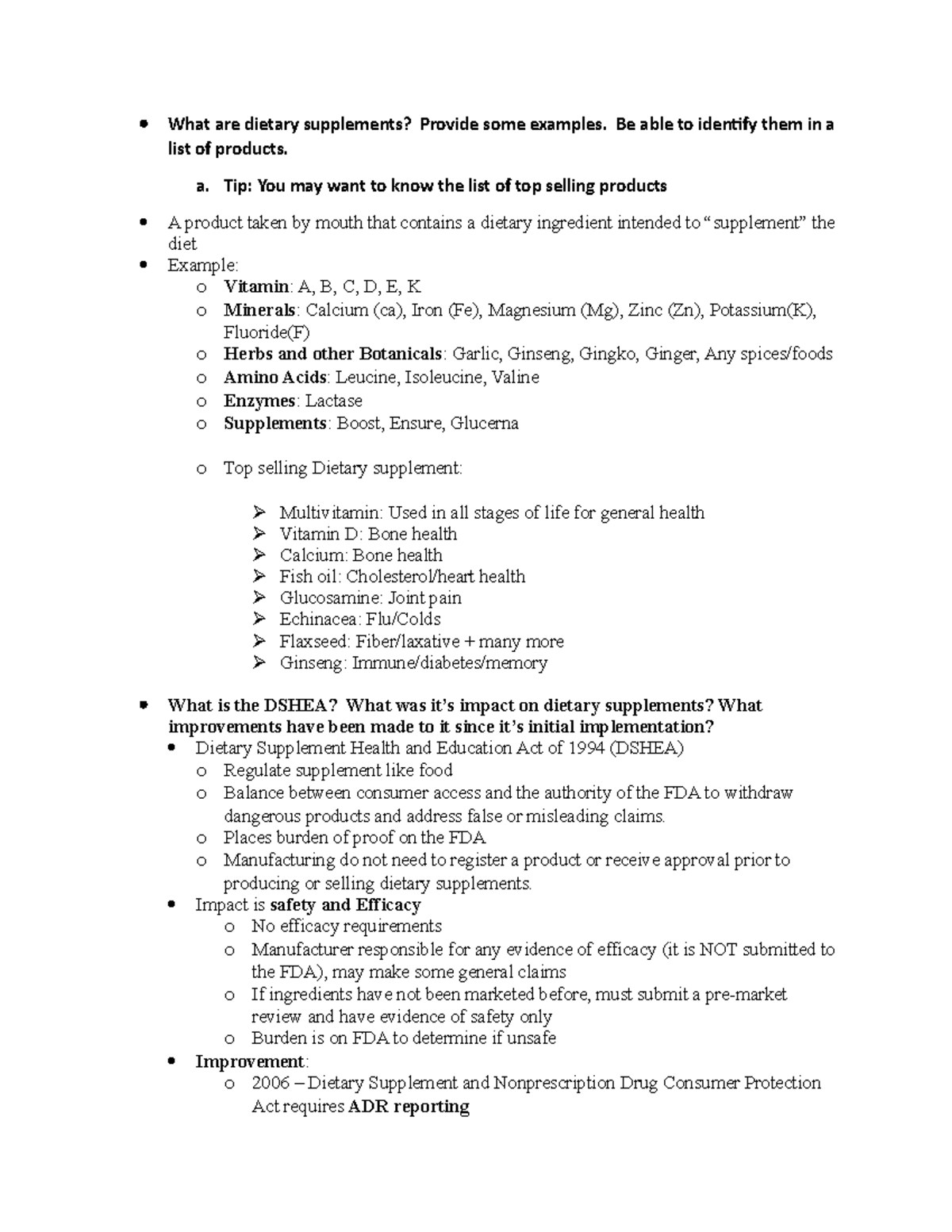 Dietary supplements - That's my lecture note that I got it in the class ...
