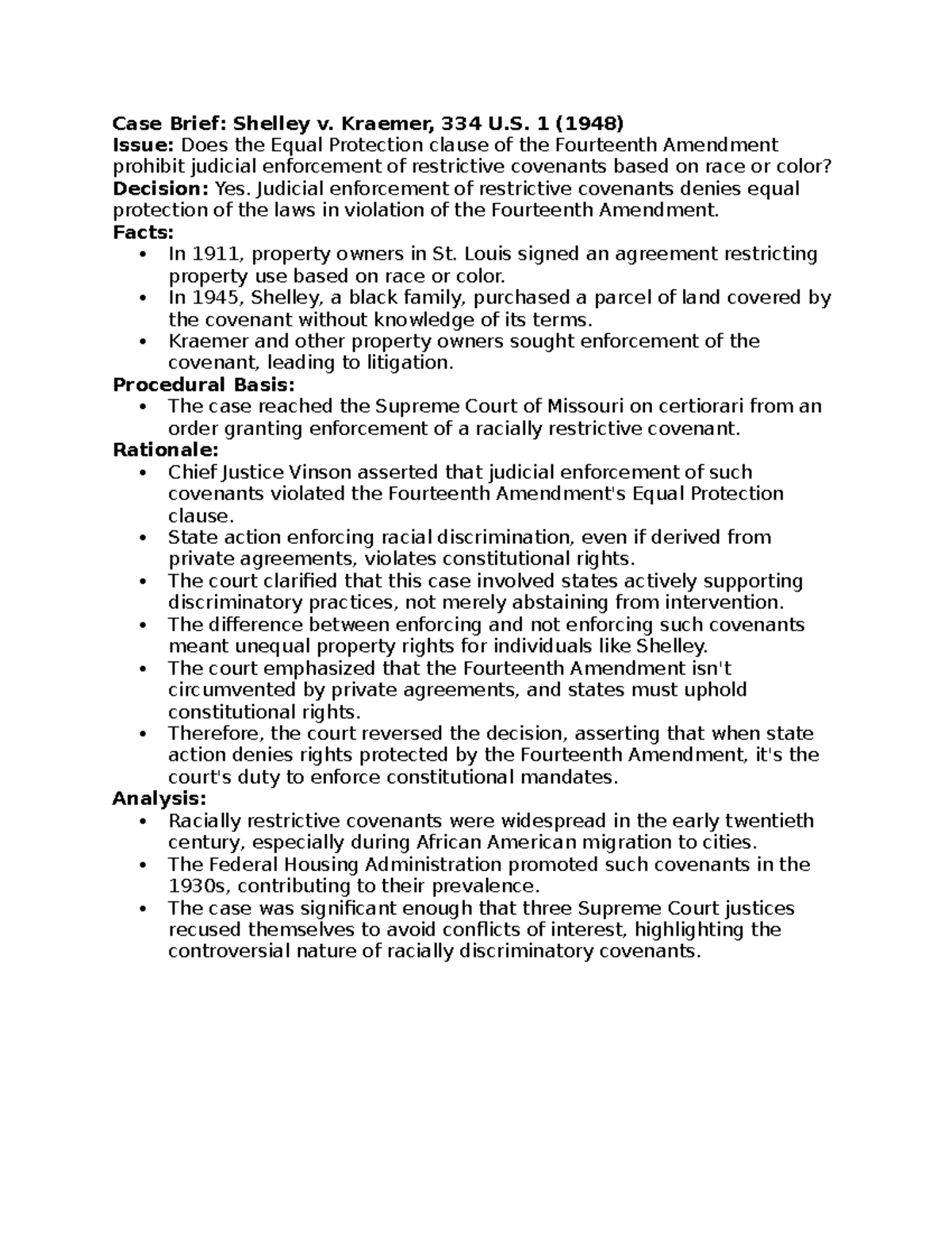 Shelley v. Kraemer, 334 U.S. 1 (1948) - Case Brief: Shelley v. Kraemer ...