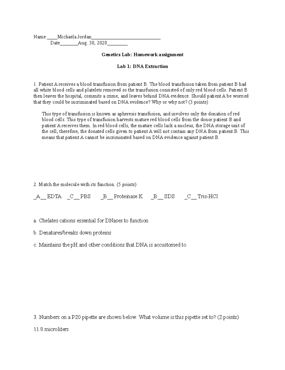 Homework 1 student version. Lab 1 Genetics Michaela Jordan - Name ...