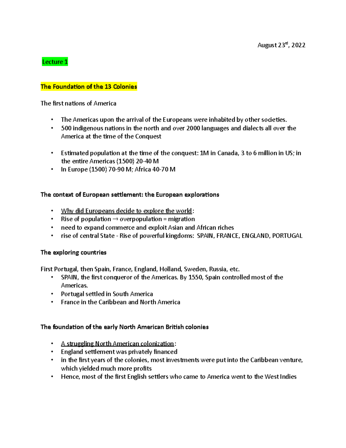 U.S history notes - August 23rd, 2022 Lecture 1 The Foundation of the ...