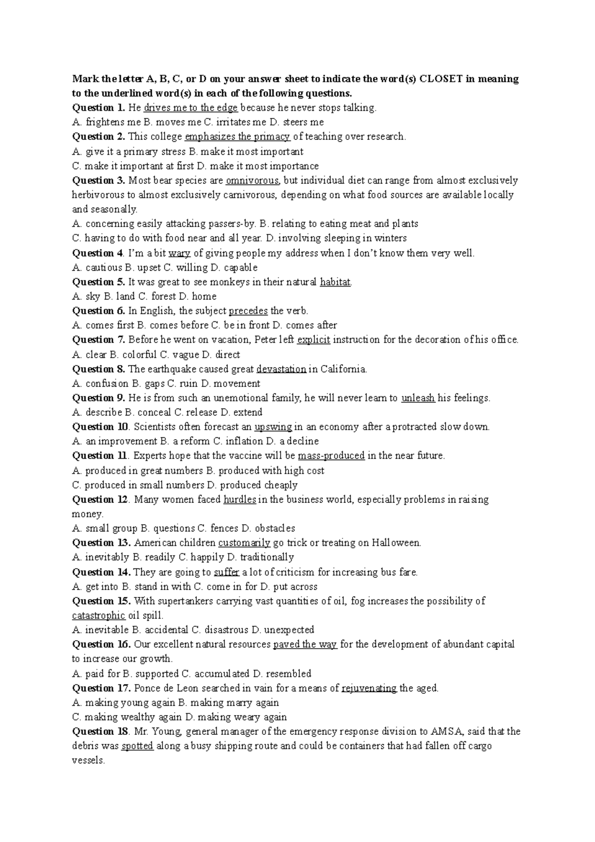 TỪ ĐỒNG NGHĨA, TRÁI NGHĨA BUỔI 1 - Mark the letter A, B, C, or D on ...