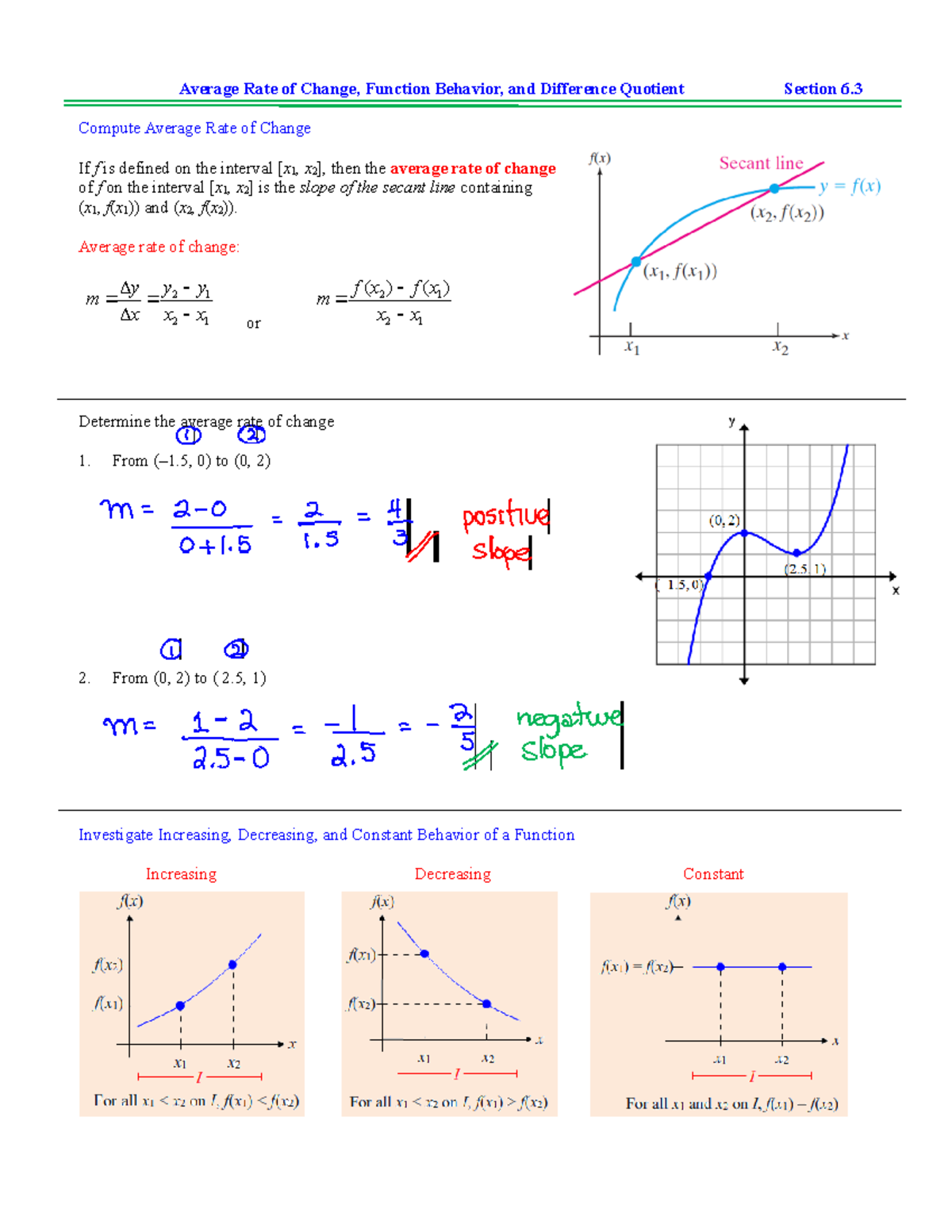 CACS LEC 6.3 Solutions - Average Rate of Change, Function Behavior, and ...