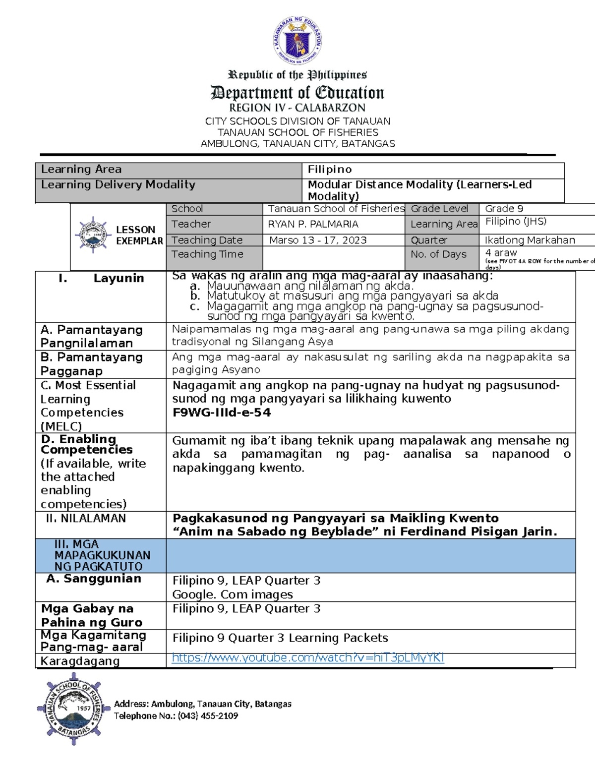 Palmaria quarter 3 Week 5 plan - TANAUAN SCHOOL OF FISHERIES AMBULONG ...