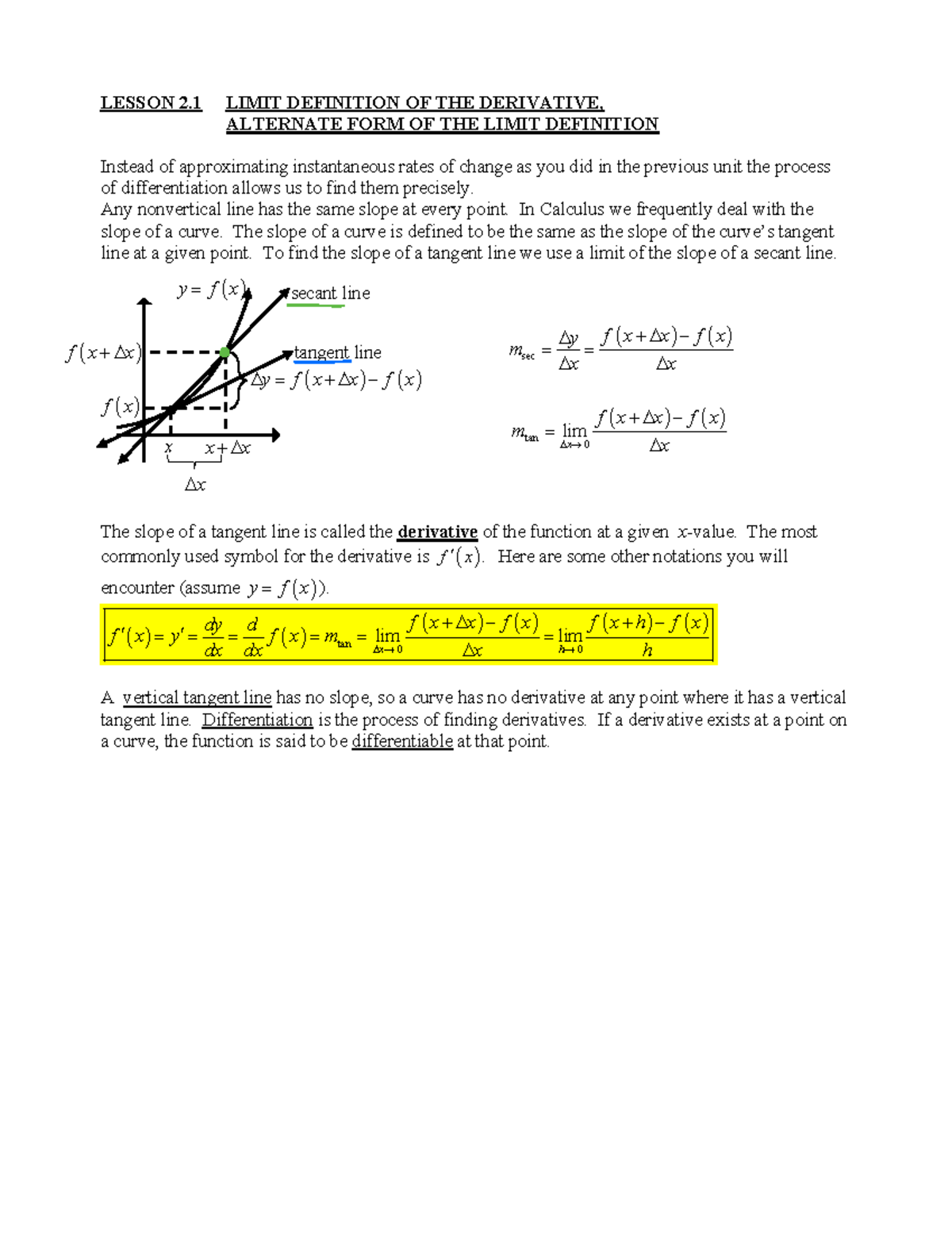 Unit 2 Presentation Student Copy - y =f ( x) LESSON 2 .1 LIMIT ...