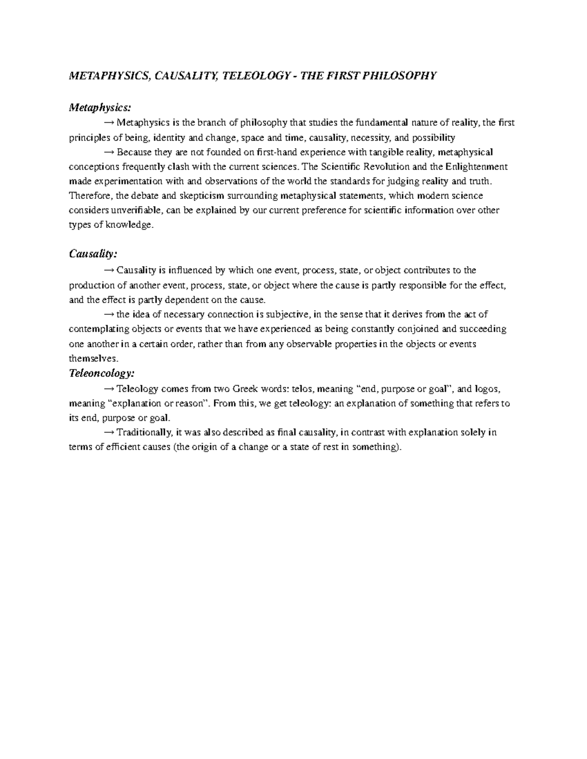 Metaphysics Causality Teleology The First Philosophy - METAPHYSICS ...