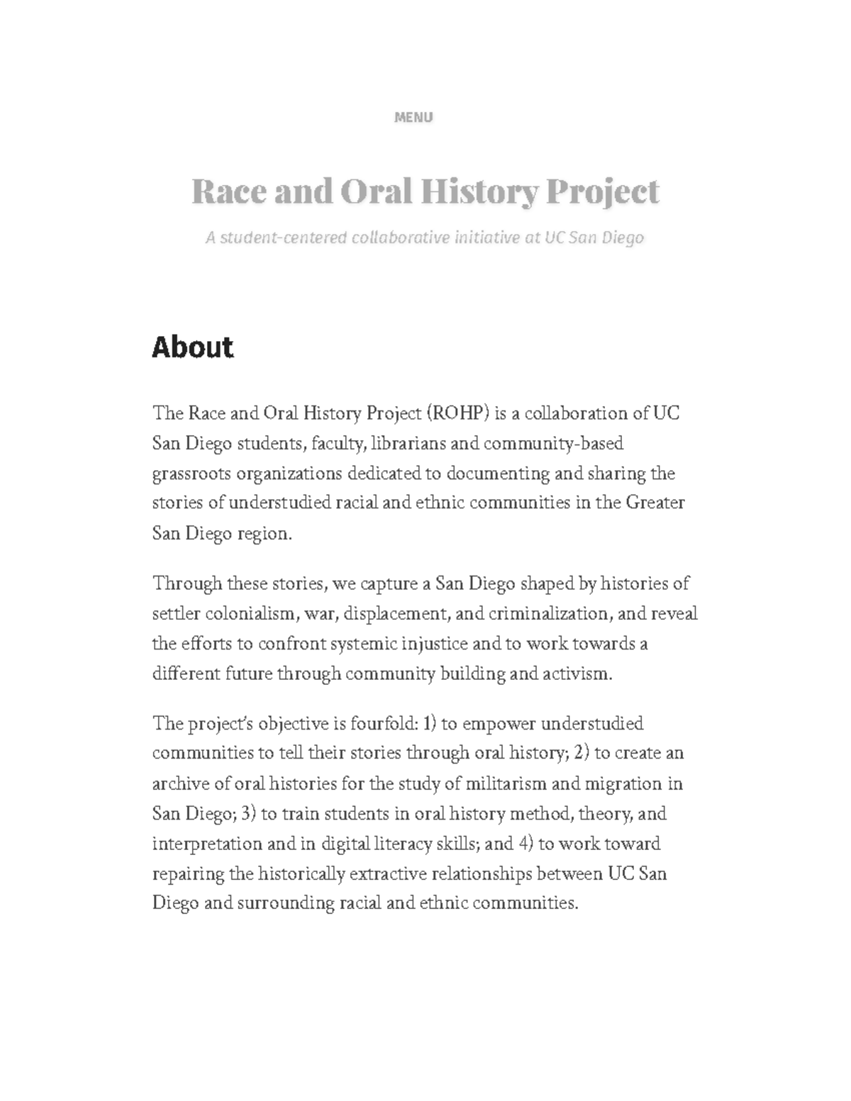 Week 1 Reading- About – Race and Oral History Project - Race and Oral ...