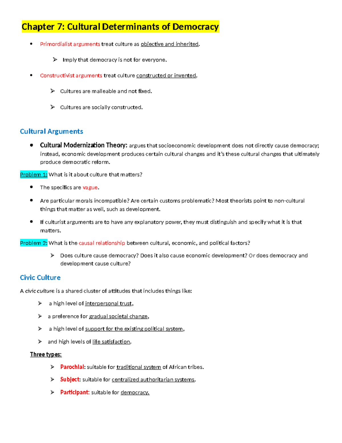 Chapter 7 Notes - Chapter 7: Cultural Determinants of Democracy ...