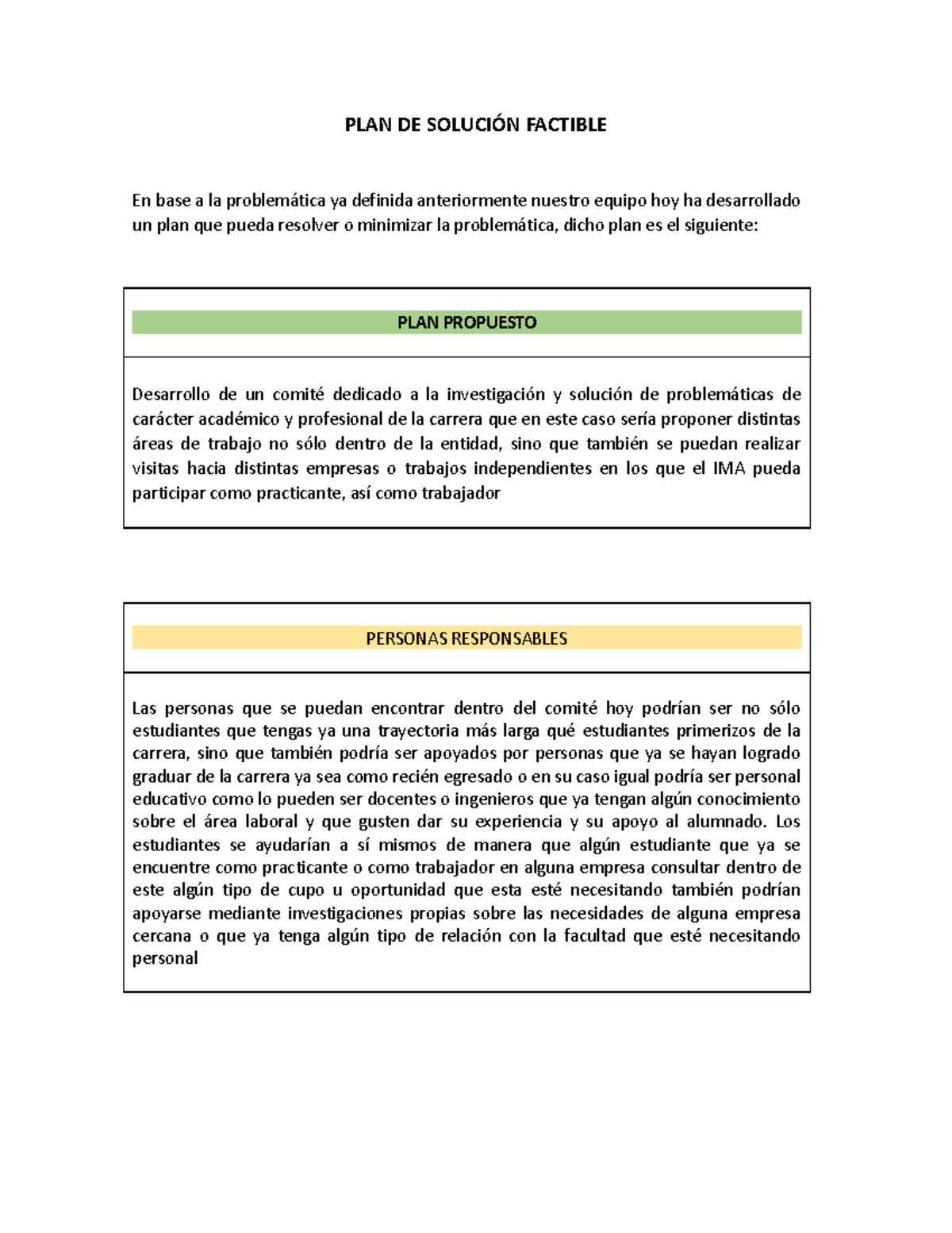 PLAN DE Solución Factible - PLAN DE SOLUCIÓN FACTIBLE En base a la ...