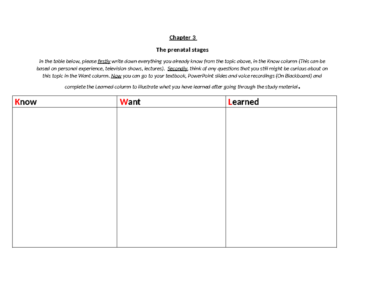 KWL method - Chapter 3 The prenatal stages In the table below, please ...