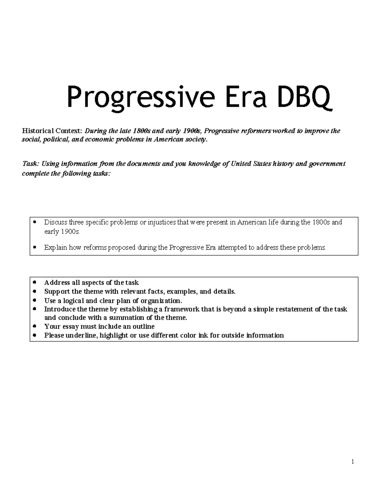 The Progressive Era DBQ - Discuss three specific problems or injustices ...