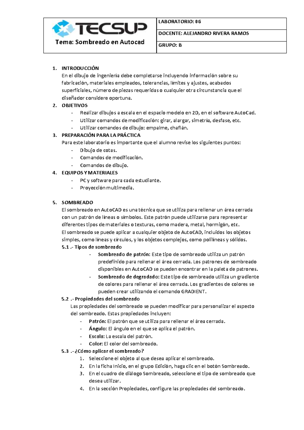 Informe LAB 06 - fgjjg - Tema: Sombreado en Autocad LABORATORIO: 06 ...