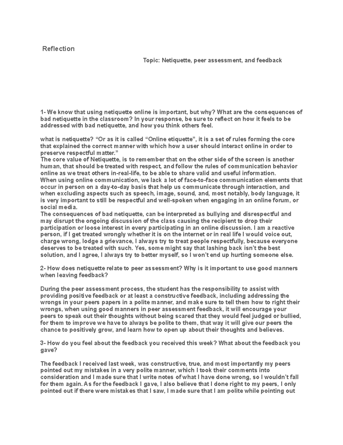 Learning journal unit 3 UNIV1001 - Reflection Topic: Netiquette, peer ...