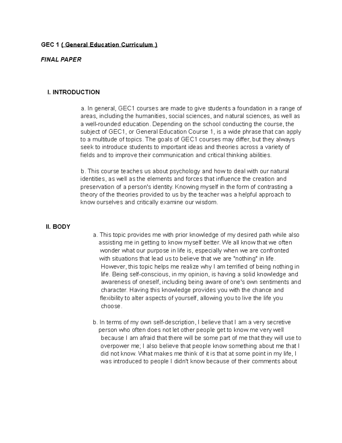 GEC 1 General EdC - GEC 1 ( General Education Curriculum ) FINAL PAPER ...