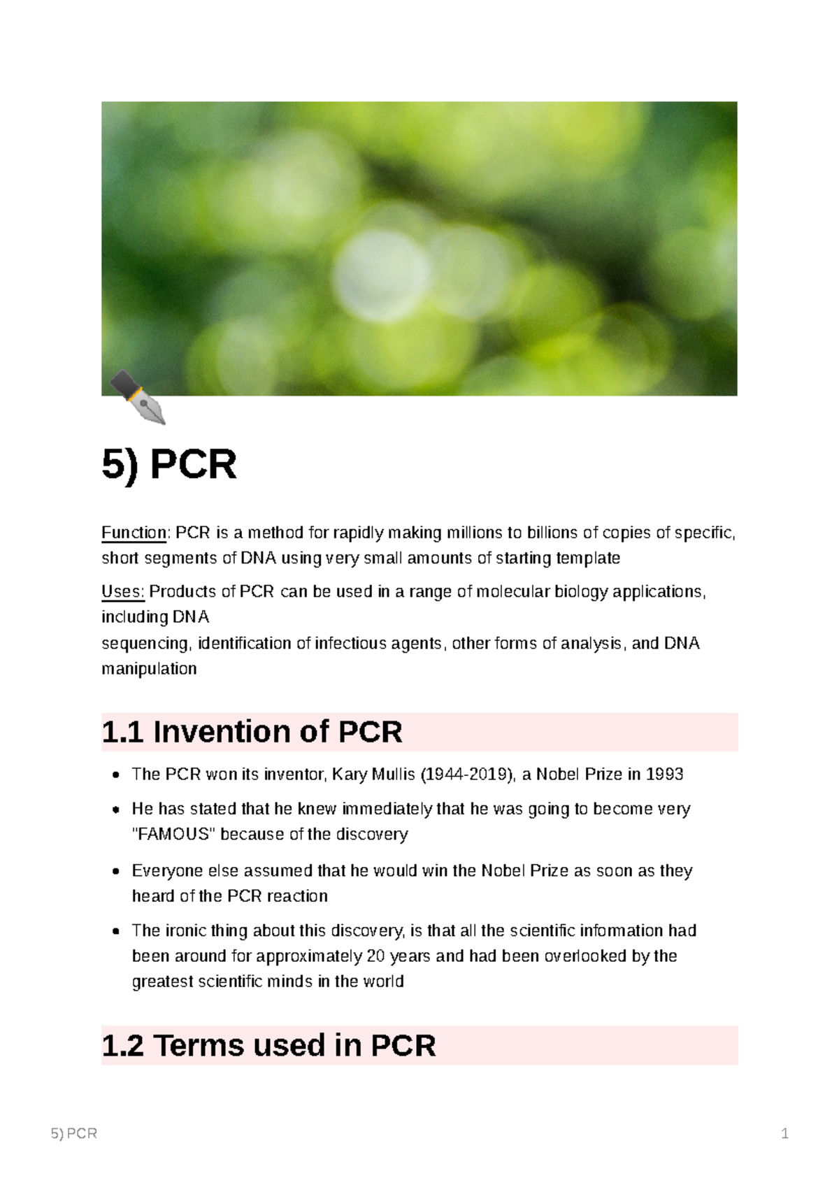 5) PCR - Detailed notes on PCR - 5) PCR Function: PCR is a method for ...