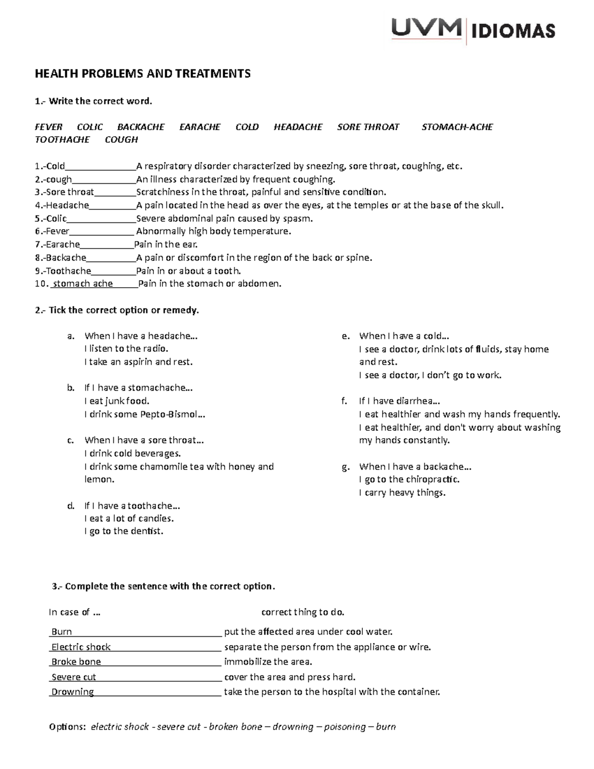 Level 2 - Unit 3 Worksheet Finish - HEALTH PROBLEMS AND TREATMENTS 1 ...