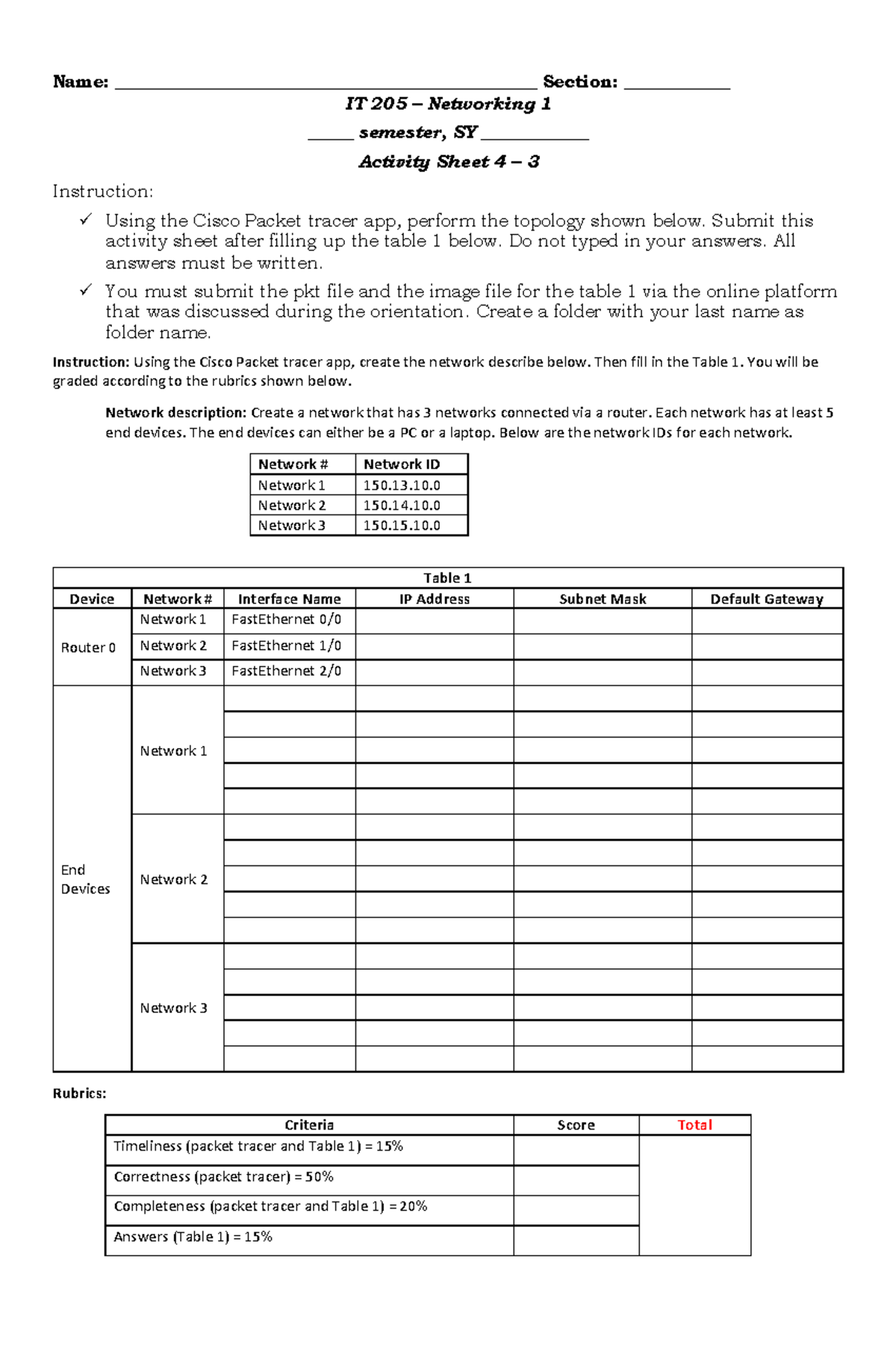 Actvitity sheet 4-3 - Networking 1 - Name