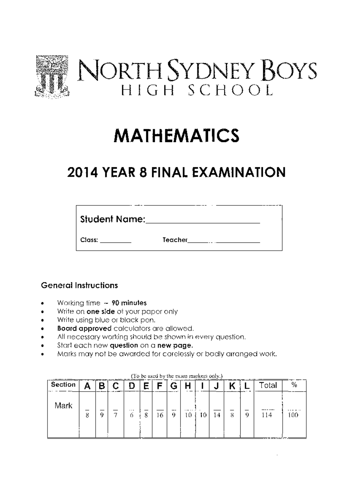 Task 4 2014 Yr 8 yearly - math test for 2015/2016 - ORTH SYDNEY BOYS ...