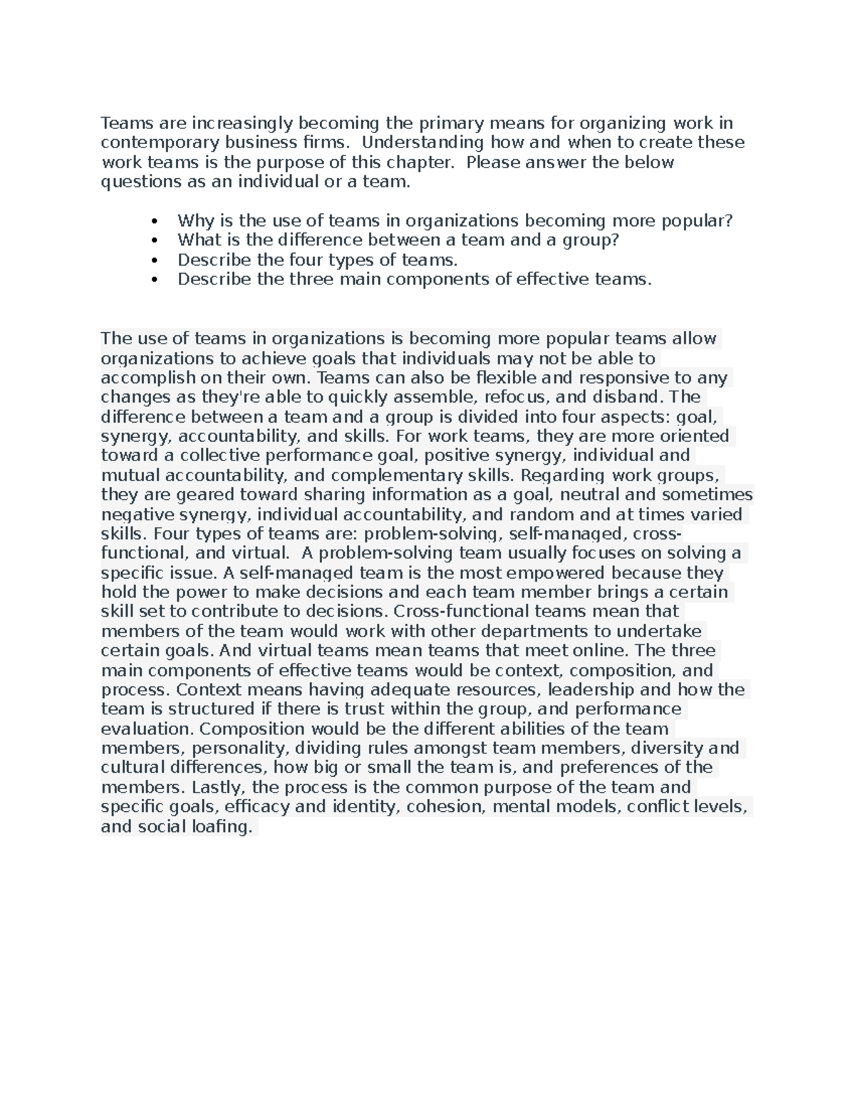 Module Ten In Class Writing - Teams are increasingly becoming the ...