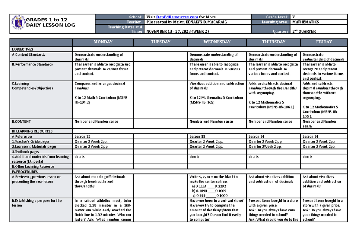 DLL Mathematics 5 Q2 W2 - for elementary grades - GRADES 1 to 12 DAILY ...
