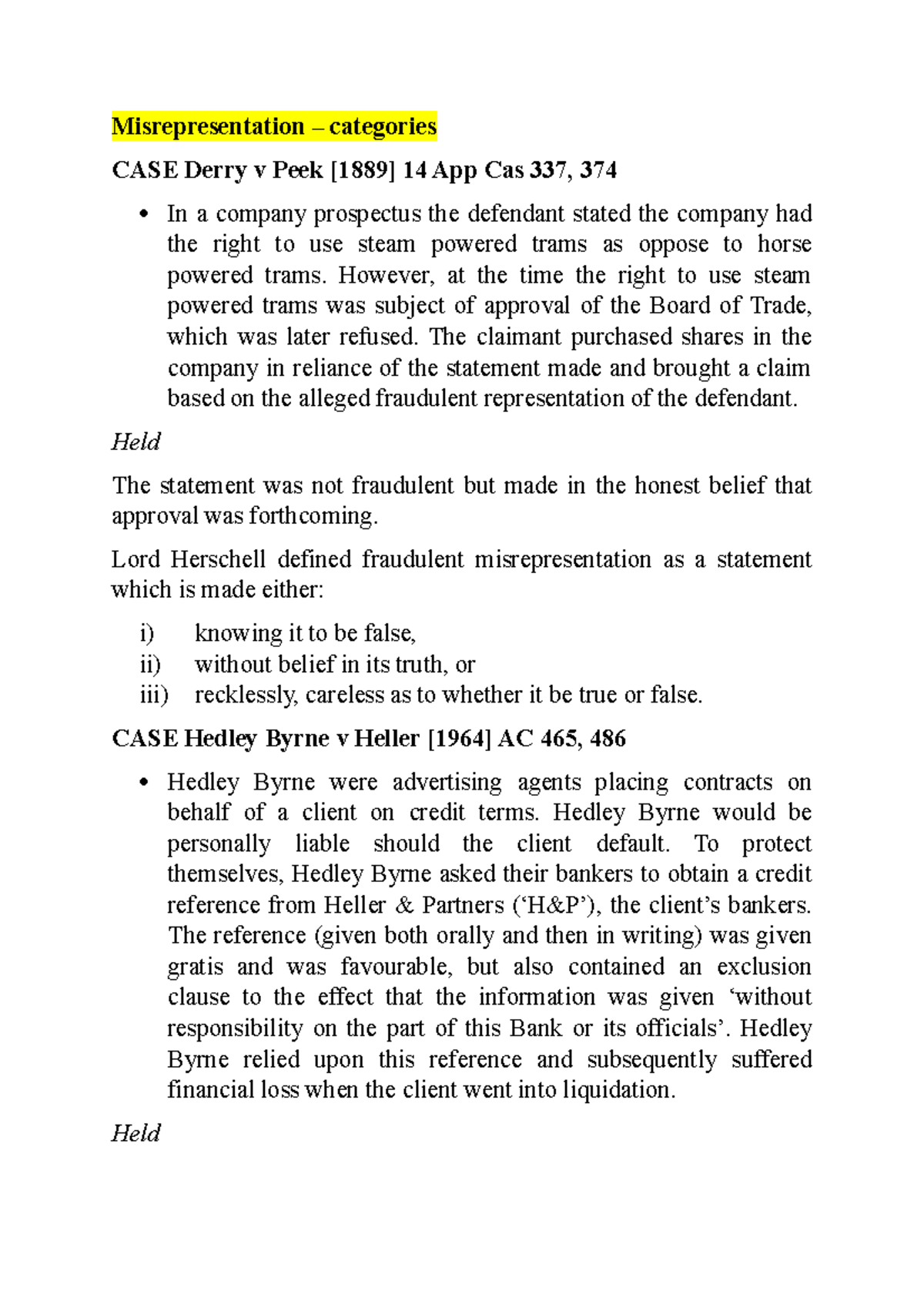 Misrep - categories (cases) - Misrepresentation – categories CASE Derry ...