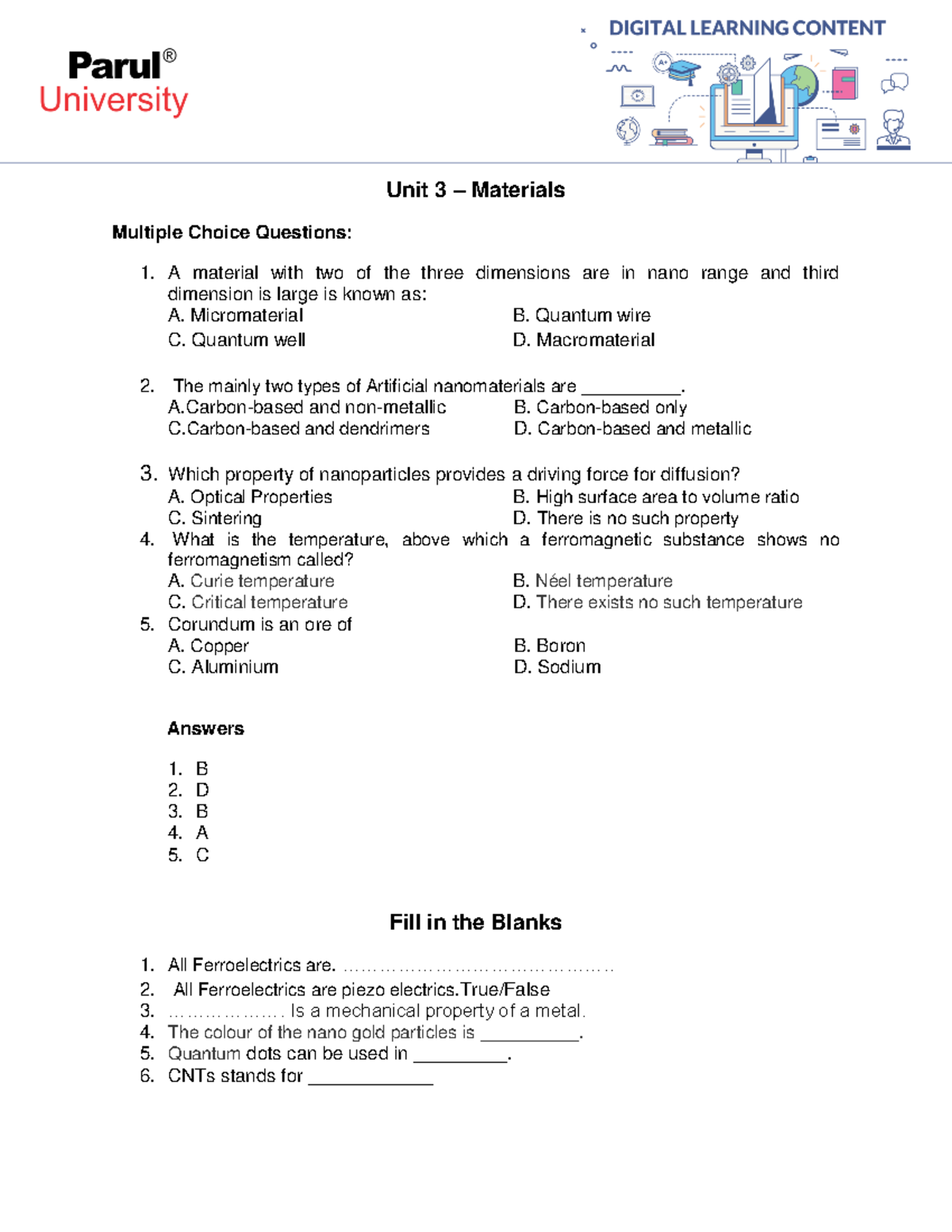 Chapter 3 MCQ with solutions - Unit 3 – Materials Multiple Choice Questions: A material with two ...