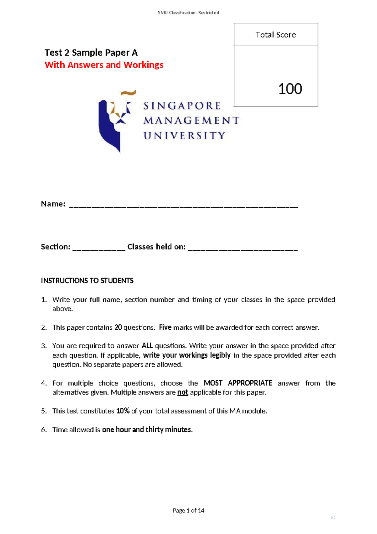 2A Test 2 Sample Paper A with Ans Jan 2022 - Total Score Test 2 Sample ...